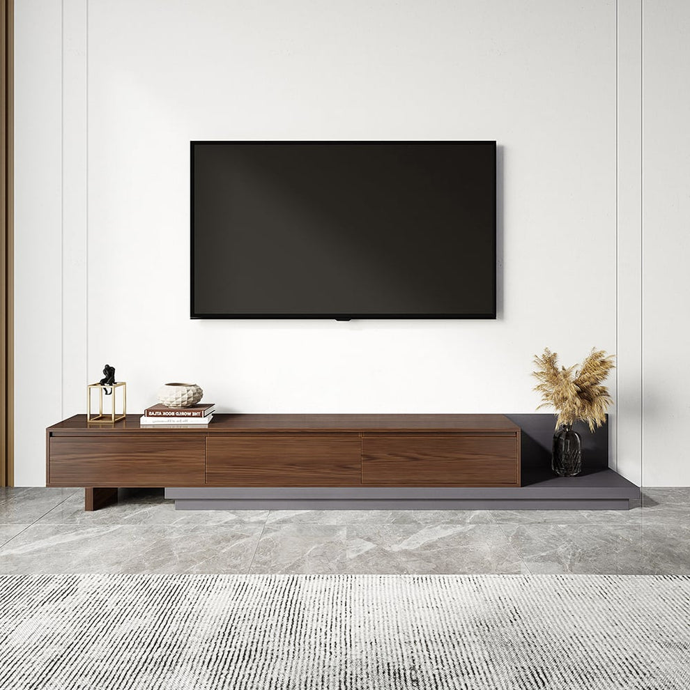 FEROTA Gray & Walnut Extendable TV Stand with 3 Drawers – Woody Stores